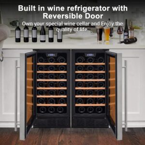 SMETA 15 Inch Under Counter Wine Cooler, 33 Bottle Built In Wine Fridge Refrigerator, Cabinet Freestanding Glass Door Stainless Steel Black Wine and Beverage Cellar For Home Bar With LED And Low Noise