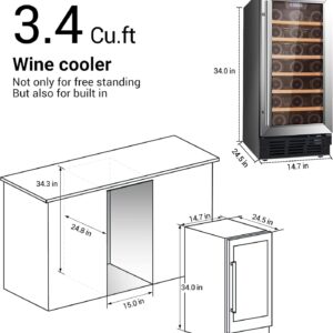 SMETA 15 Inch Under Counter Wine Cooler, 33 Bottle Built In Wine Fridge Refrigerator, Cabinet Freestanding Glass Door Stainless Steel Black Wine and Beverage Cellar For Home Bar With LED And Low Noise