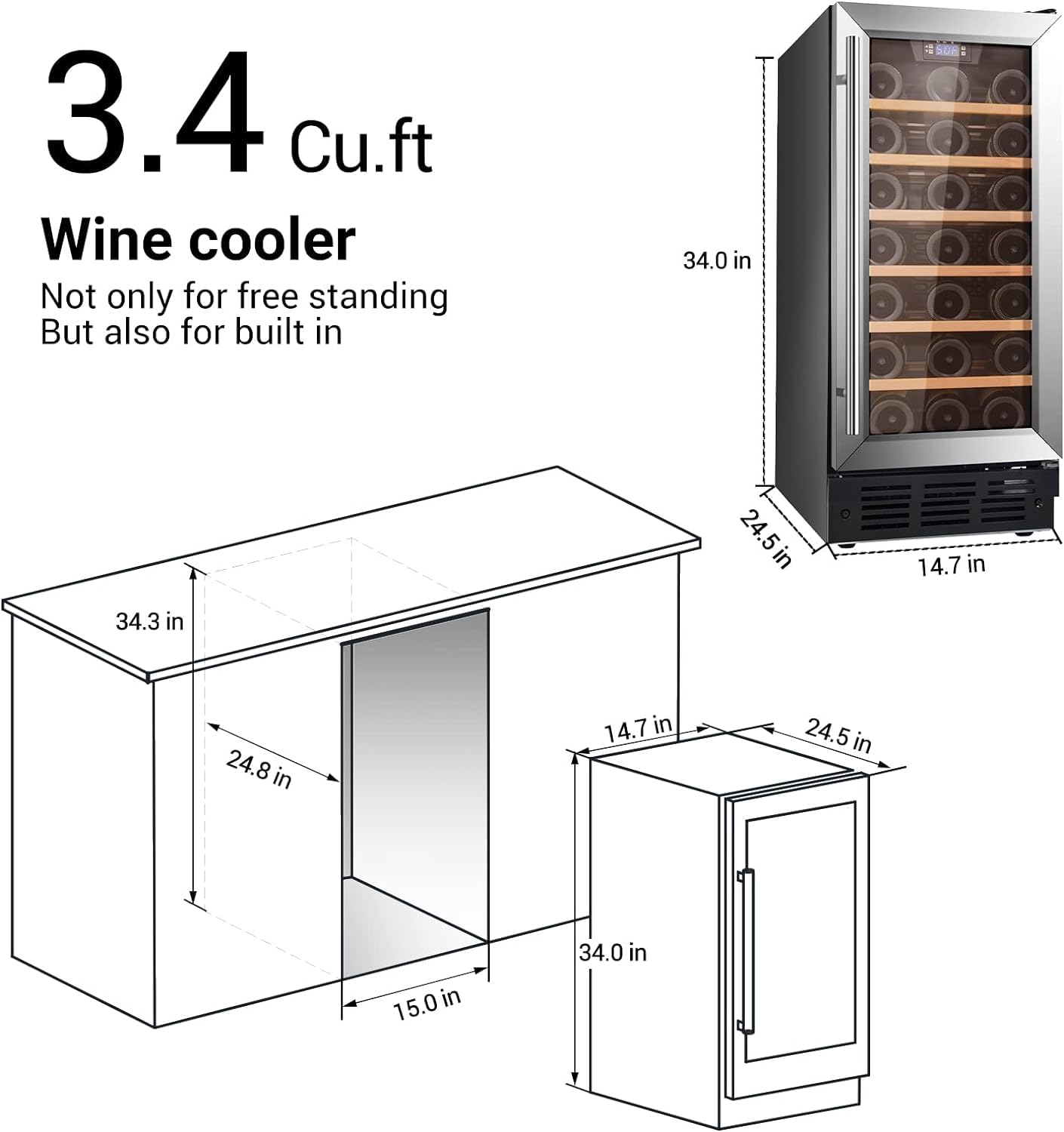 SMETA 15 Inch Under Counter Wine Cooler, 33 Bottle Built In Wine Fridge Refrigerator, Cabinet Freestanding Glass Door Stainless Steel Black Wine and Beverage Cellar For Home Bar With LED And Low Noise