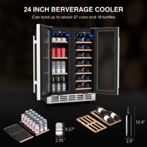 Mojgar Wine and Beverage Refrigerator, 24 Inch Dual Zone Wine Fridge with 2 Safety Locks, Under Counter Wine Cooler Fridge Built-In or Freestanding, Holds 20 Bottles and 57 Cans (Double Glass Door)