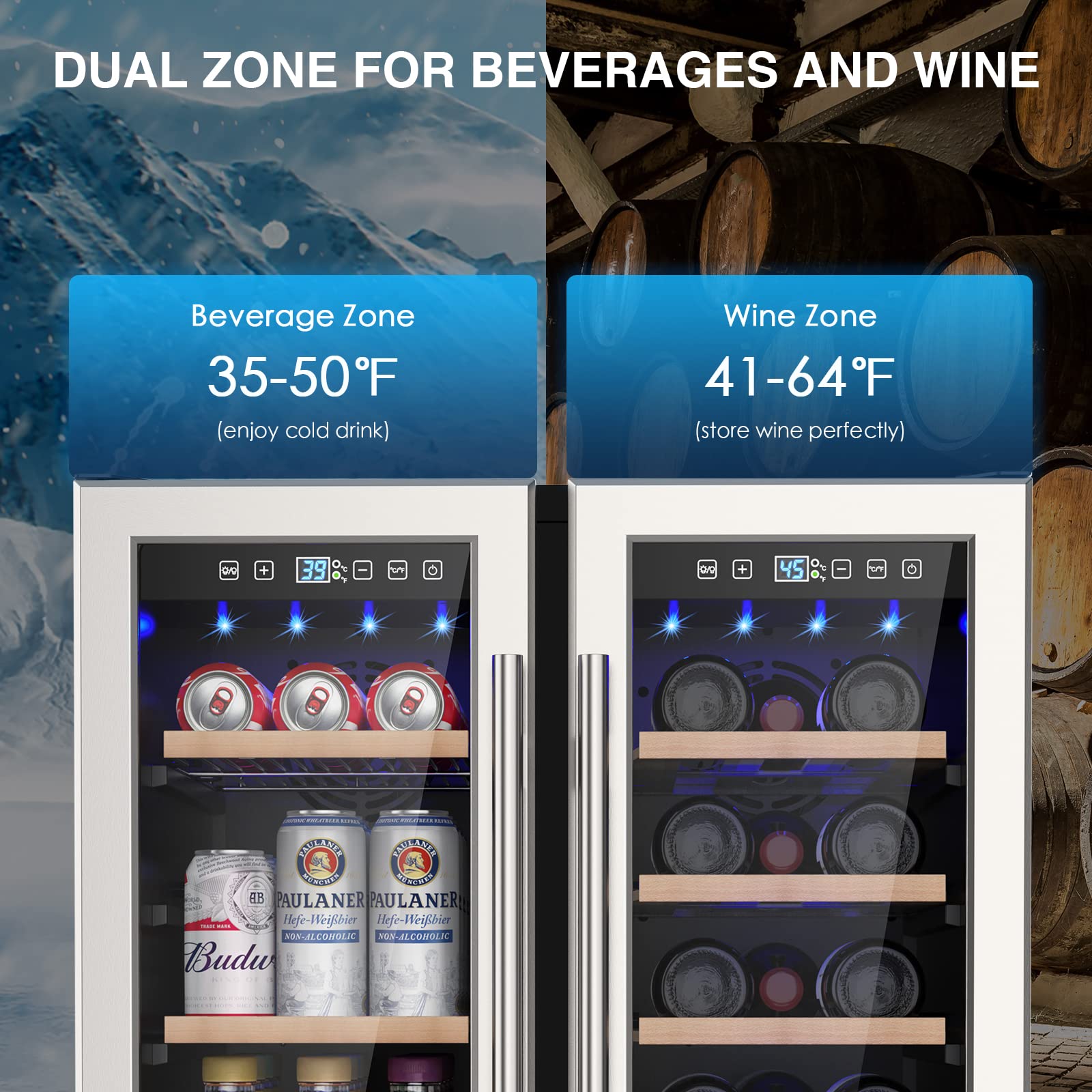 Mojgar Wine and Beverage Refrigerator, 24 Inch Dual Zone Wine Fridge with 2 Safety Locks, Under Counter Wine Cooler Fridge Built-In or Freestanding, Holds 20 Bottles and 57 Cans (Double Glass Door)