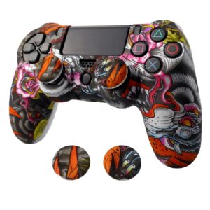 skin for ps4 controller, anti-slip silicone shell cover case with 2pcs thumb grip caps for ps4/ slim/pro dualshock 4 controller wireless gamepad (lion dance)