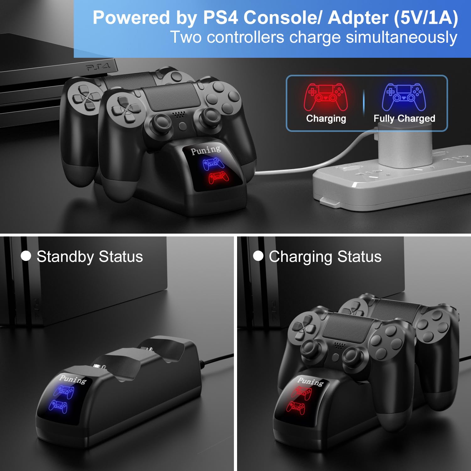 PS4 Controller Charger Dock Station,Puning PS4 Charger Station with USB Charging Cable,Dock Station Compatibility with Playstation 4/PS4 Slim/PS4 Pro Controller