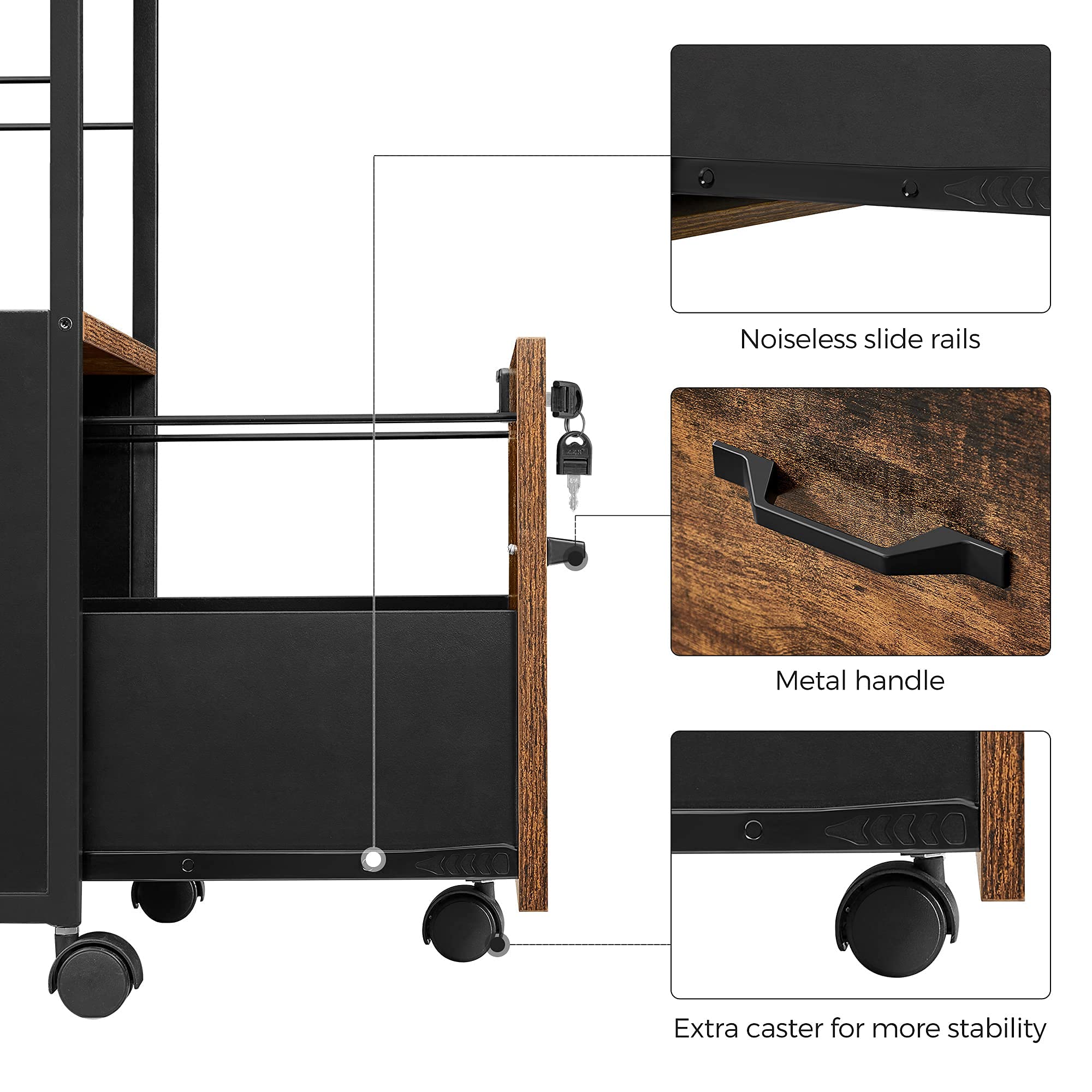 VASAGLE Filing Cabinet for Home Office, Printer Cabinet, Rolling File Cabinet with Drawer and Lock, for Suspended Folder, A4 and Letter Sized Documents, Industrial, Rustic Brown and Black UOFC044B01