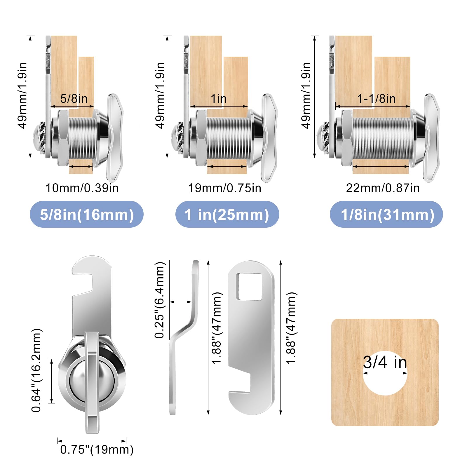 Thumb Operated Offset Cam Lock, 1-1/8” Cylinder Fits on 7/8” Max Door Thickness, Non-Locking Replacement Lock for RV Compartment Camper Storage, Cabinets,Drawers (1-1/8 Inch 6Pack)