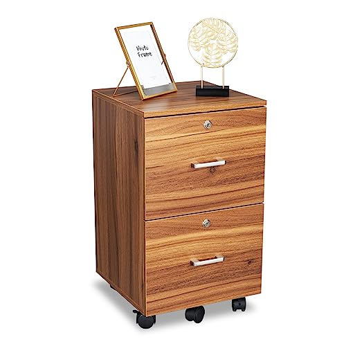 VINGLI 2 Drawer File Cabinet with Lock, Wood Grain Walnut File Cabinet for Letter Size File Folders with Tabs, Under Desk Rolling File Cabinets for Home Office, Mobile Filing Cabinet Printer Stand