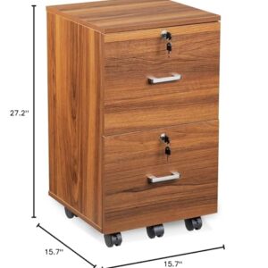 VINGLI 2 Drawer File Cabinet with Lock, Wood Grain Walnut File Cabinet for Letter Size File Folders with Tabs, Under Desk Rolling File Cabinets for Home Office, Mobile Filing Cabinet Printer Stand