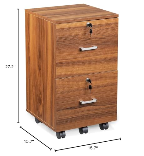 VINGLI 2 Drawer File Cabinet with Lock, Wood Grain Walnut File Cabinet for Letter Size File Folders with Tabs, Under Desk Rolling File Cabinets for Home Office, Mobile Filing Cabinet Printer Stand