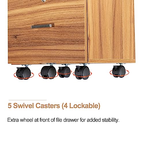 VINGLI 2 Drawer File Cabinet with Lock, Wood Grain Walnut File Cabinet for Letter Size File Folders with Tabs, Under Desk Rolling File Cabinets for Home Office, Mobile Filing Cabinet Printer Stand