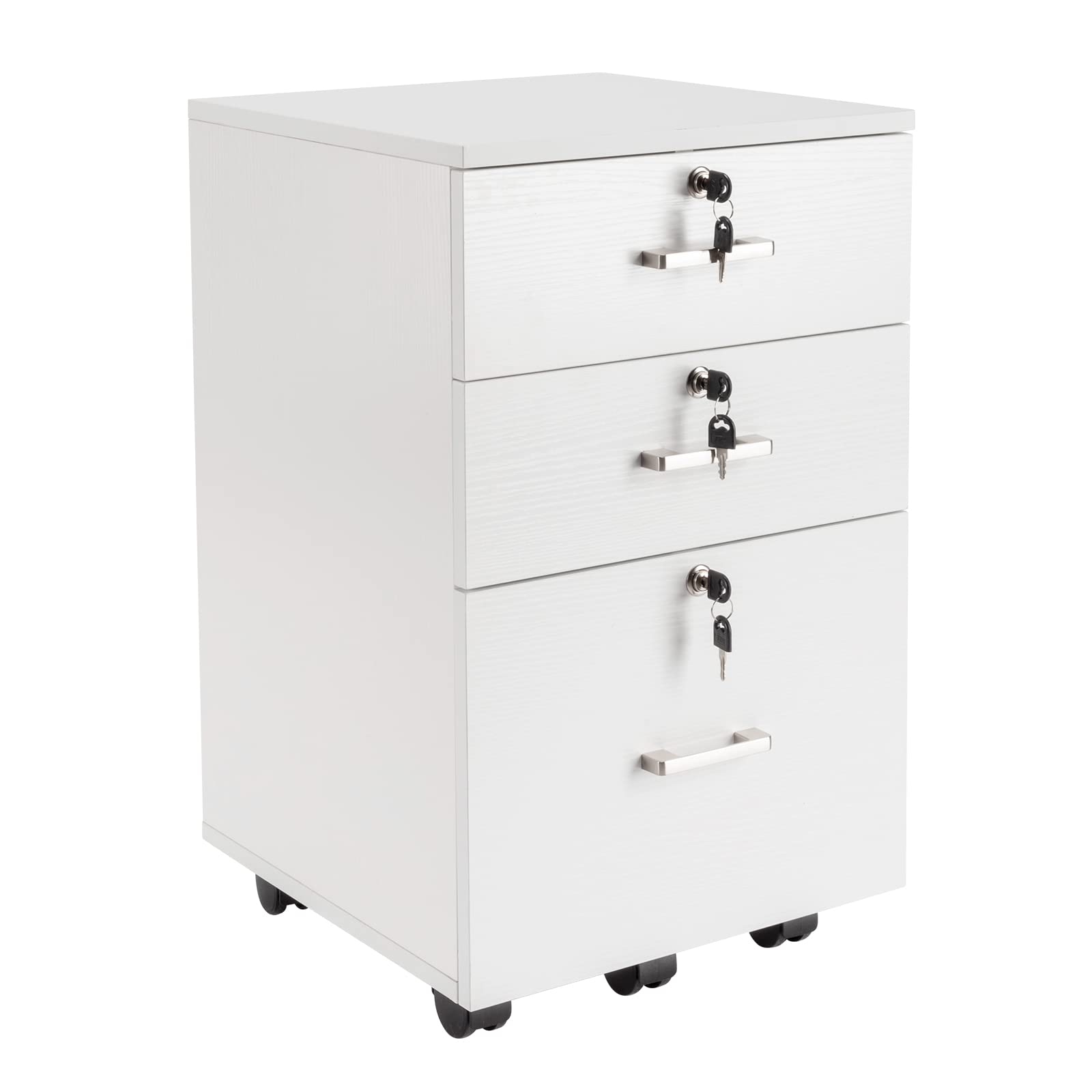 3 Drawer Rolling File Cabinet with Lock, Wood Under Desk Filing Cabinet fits Letter/Legal/A4 Size for Home Office，3-Drawer Mobile File Cabinet White 15.75" L x 15.75" W x 26.1" H