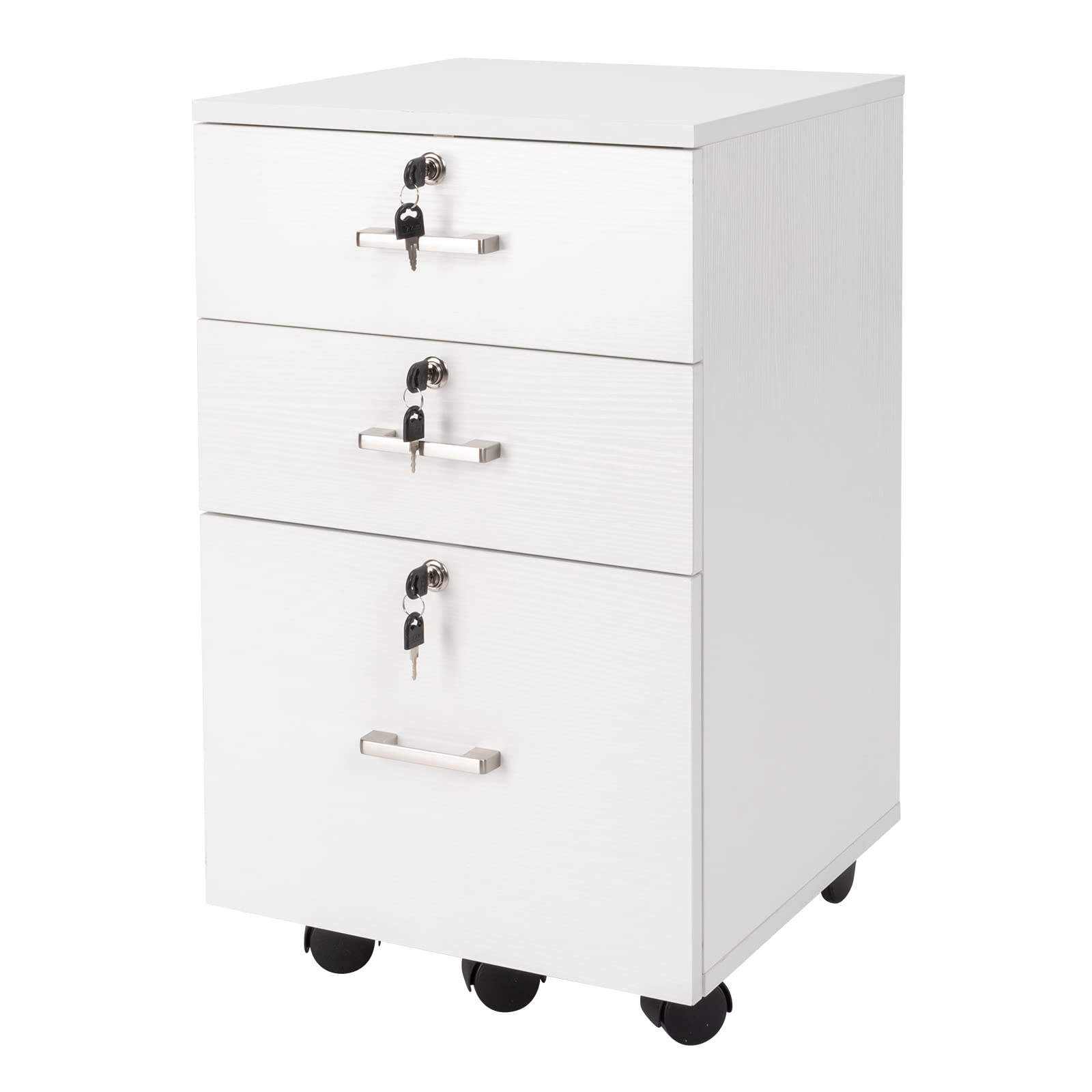 3 Drawer Rolling File Cabinet with Lock, Wood Under Desk Filing Cabinet fits Letter/Legal/A4 Size for Home Office，3-Drawer Mobile File Cabinet White 15.75" L x 15.75" W x 26.1" H