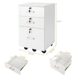 3 Drawer Rolling File Cabinet with Lock, Wood Under Desk Filing Cabinet fits Letter/Legal/A4 Size for Home Office，3-Drawer Mobile File Cabinet White 15.75" L x 15.75" W x 26.1" H