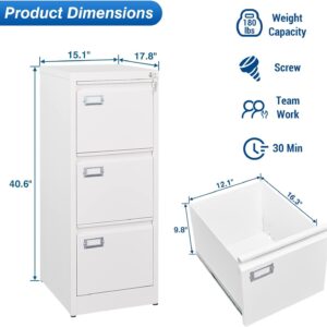 heycode 3 Drawers Filing Cabinets for Home Office,Vertical File Cabinet with Lock, Metal Office Locking File stoage Cabinet, Small Filing Cabinet Organizer for Hanging Legal/A4 (White, 3 Drawers)