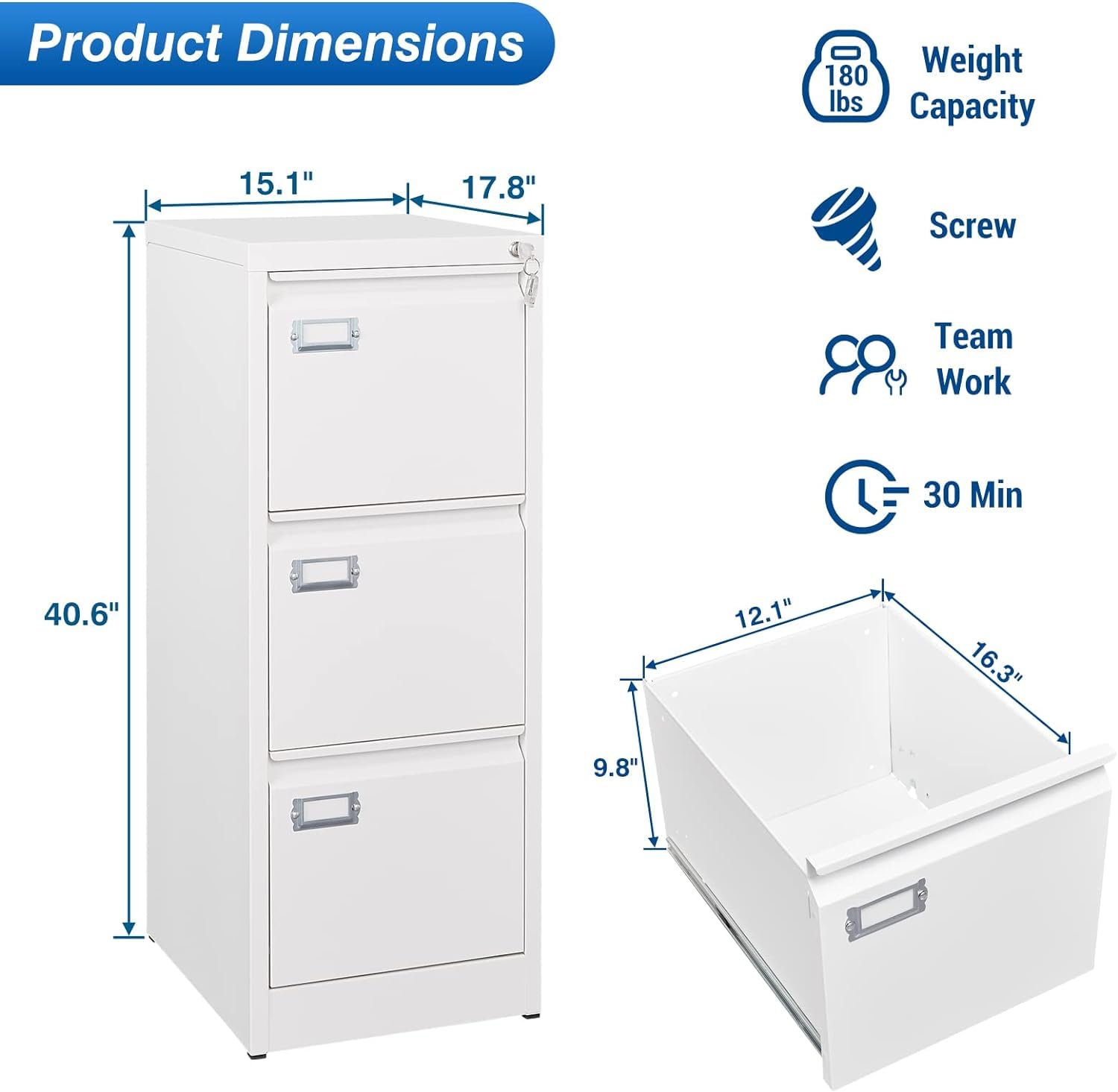 heycode 3 Drawers Filing Cabinets for Home Office,Vertical File Cabinet with Lock, Metal Office Locking File stoage Cabinet, Small Filing Cabinet Organizer for Hanging Legal/A4 (White, 3 Drawers)