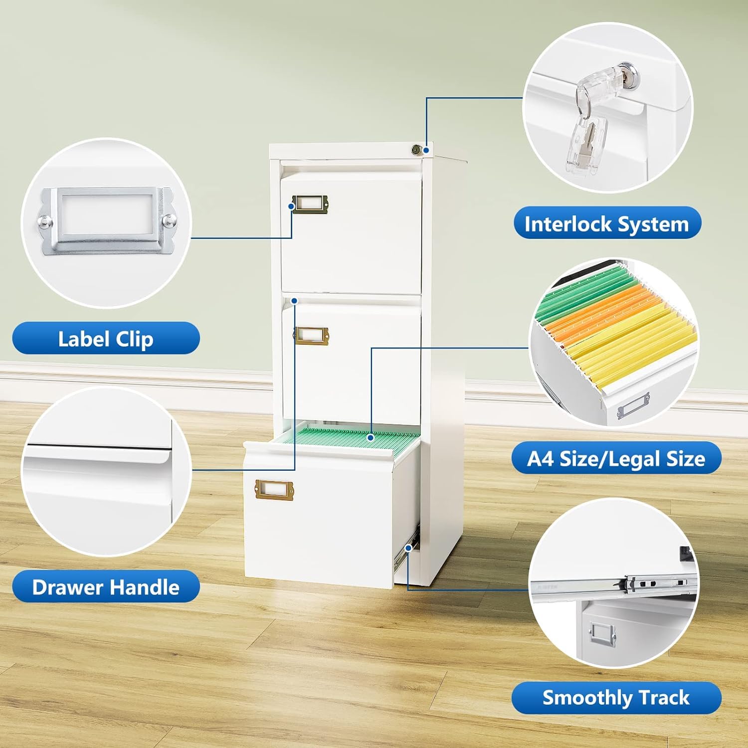 heycode 3 Drawers Filing Cabinets for Home Office,Vertical File Cabinet with Lock, Metal Office Locking File stoage Cabinet, Small Filing Cabinet Organizer for Hanging Legal/A4 (White, 3 Drawers)