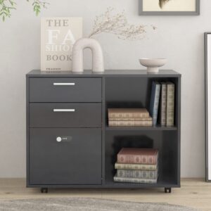 gustonhon 3-drawer wood file cabinet with coded lock,mobile lateral filing cabinet for a4 or letter size,small rolling file cabinet printer stand with open storage shelves for home office (dark gray)