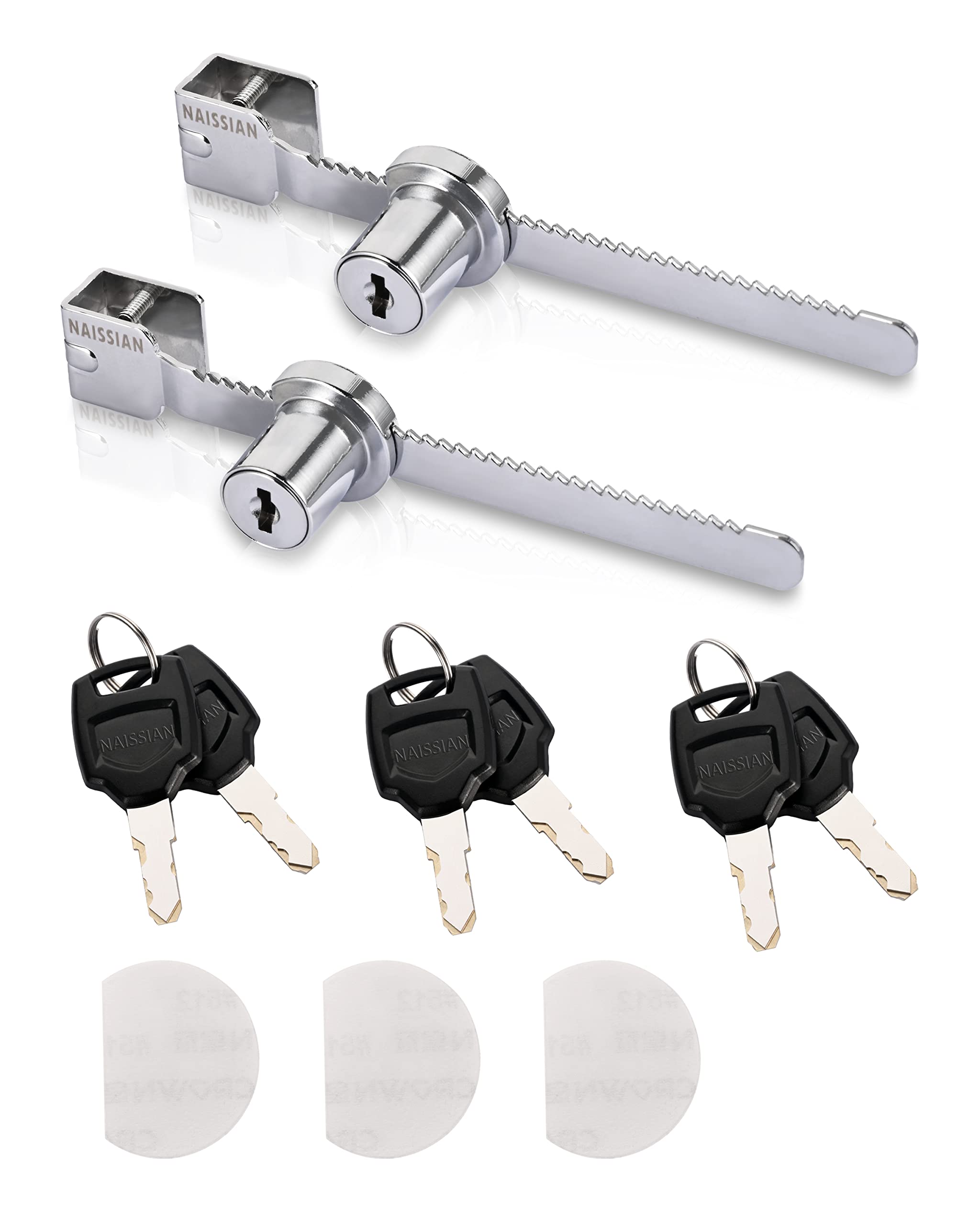 Naissian Sliding Glass Door Ratchet Lock, Lock for Sliding Glass Cabinet Door Locks with Keys Showcase Display Vivarium Reptile Cage Locks, Chrome Finish with 6 Key Aliked, Pack of 2