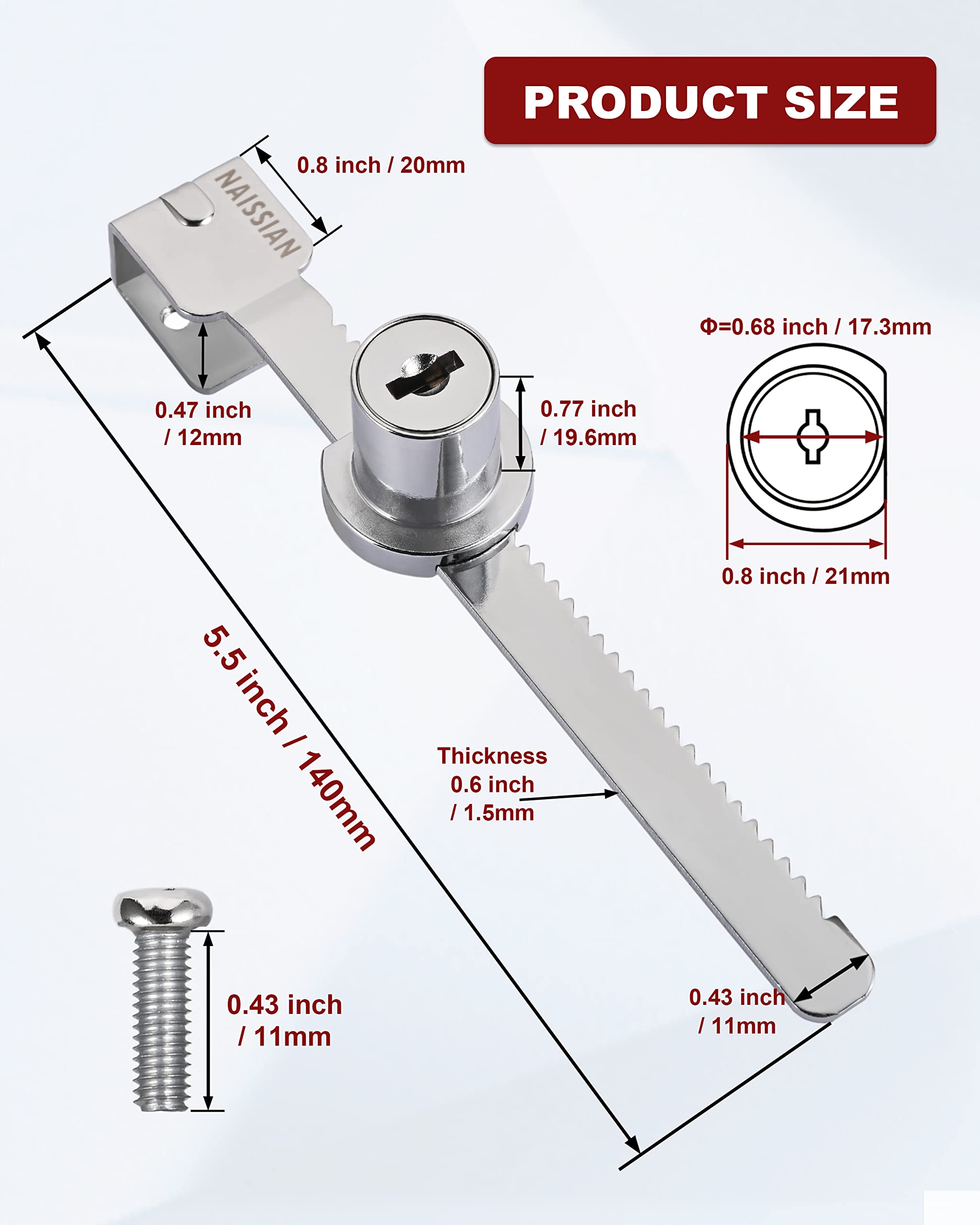 Naissian Sliding Glass Door Ratchet Lock, Lock for Sliding Glass Cabinet Door Locks with Keys Showcase Display Vivarium Reptile Cage Locks, Chrome Finish with 6 Key Aliked, Pack of 2