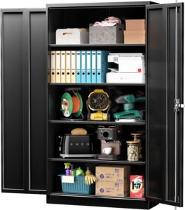 intergreat storage cabinet with doors and shelves, metal garage storage cabinets with lock, black lockable steel supply cabinet for home office, warehouse