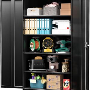 INTERGREAT Storage Cabinet with Doors and Shelves, Metal Garage Storage Cabinets with Lock, Black Lockable Steel Supply Cabinet for Home Office, Warehouse