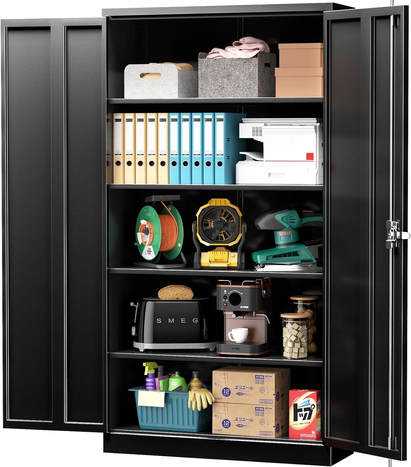 INTERGREAT Storage Cabinet with Doors and Shelves, Metal Garage Storage Cabinets with Lock, Black Lockable Steel Supply Cabinet for Home Office, Warehouse