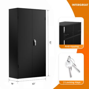 INTERGREAT Storage Cabinet with Doors and Shelves, Metal Garage Storage Cabinets with Lock, Black Lockable Steel Supply Cabinet for Home Office, Warehouse