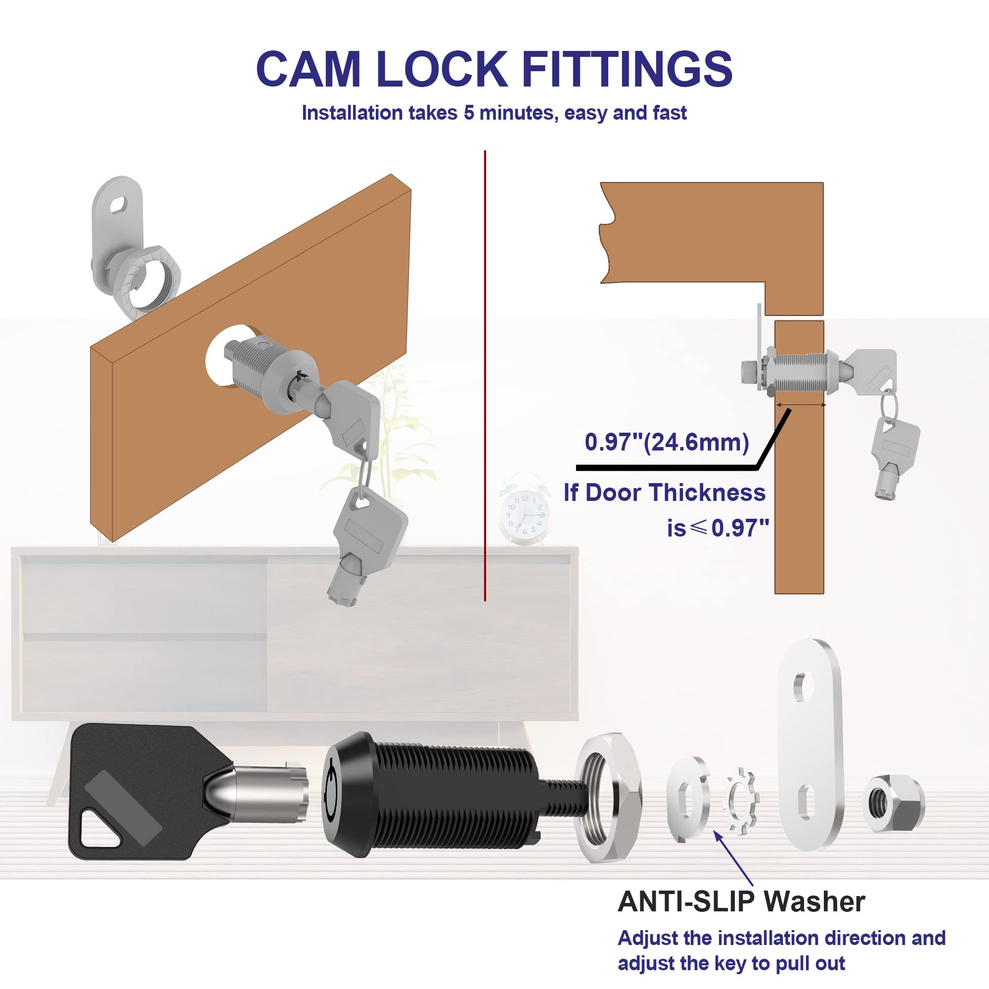 Jayseon 6 Pack RV Storage Locks, 1-1/8" Cabinet Locks with Keys, RV Cam Lock Keyed Alike RV Locks for Storage Door, Zinc Alloy