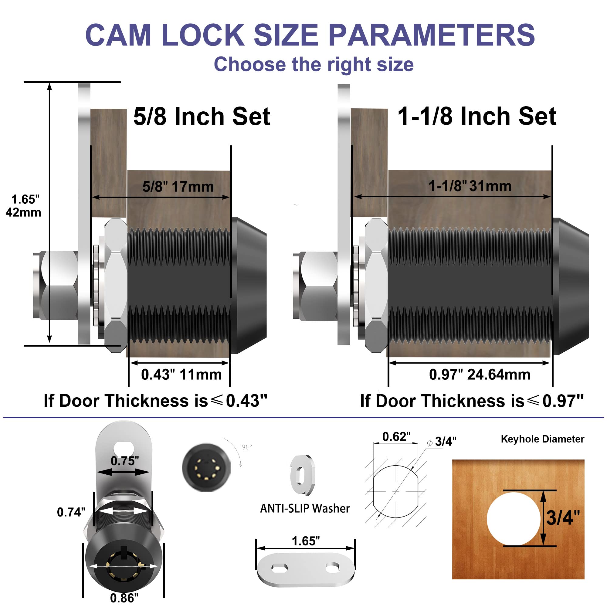 Jayseon 6 Pack RV Storage Locks, 1-1/8" Cabinet Locks with Keys, RV Cam Lock Keyed Alike RV Locks for Storage Door, Zinc Alloy