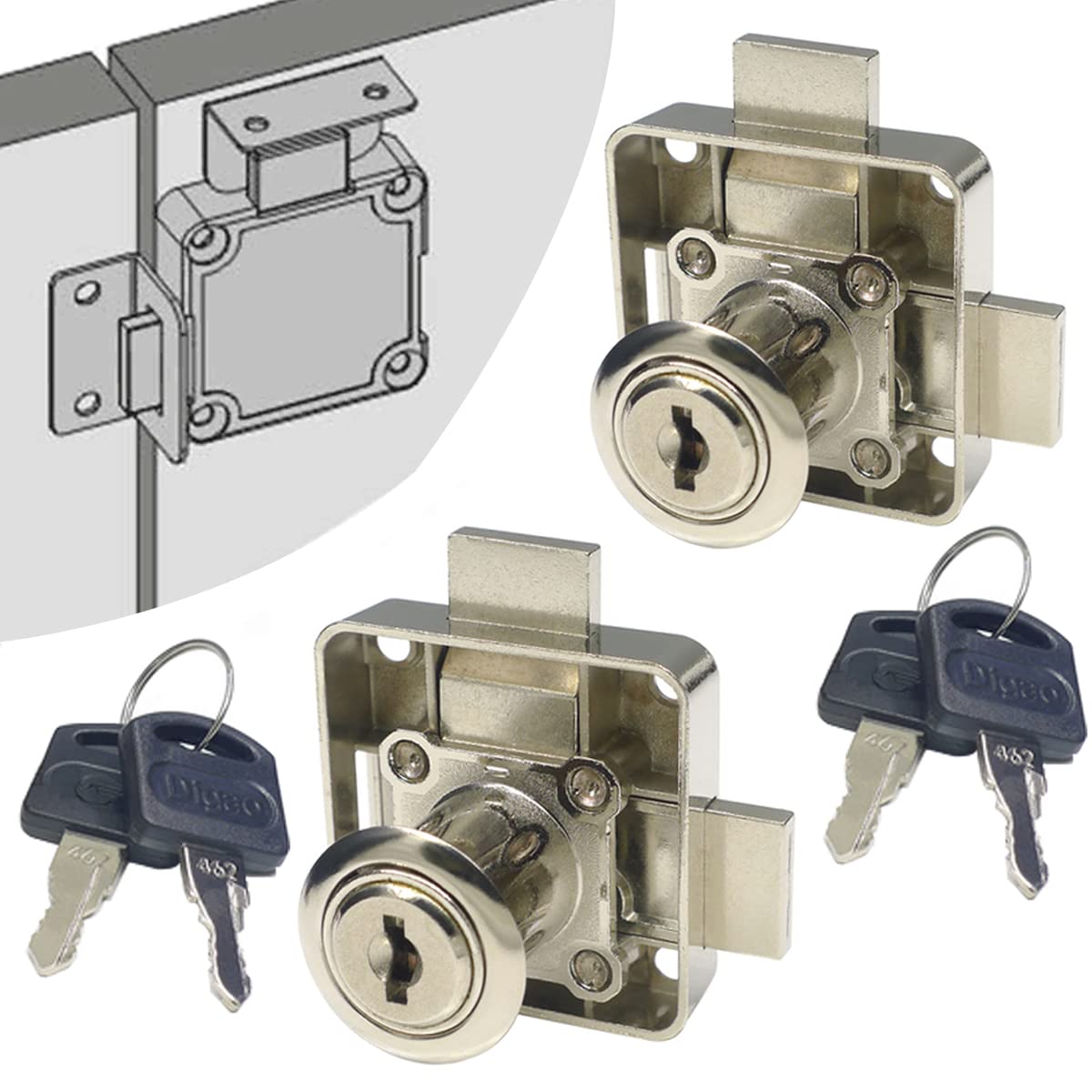 Cabinet Double Door Lock Cabinet Drawer Lock Safety Lock [Keyed Alike] Double Latch Door Lock [Mounted on Left Side Door]. for (3/5"-/15mm -7/8"-/22mm) Door Panels (2 Pack)