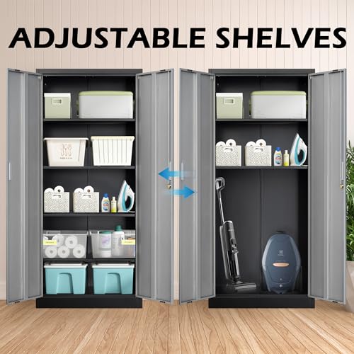 Metal Storage Cabinet, 71" Locking Cabinet with 4 Adjustable Shelves, Large Steel Storage Cabinets for Garage, Home Office, Pantry -Black&Silver Doors