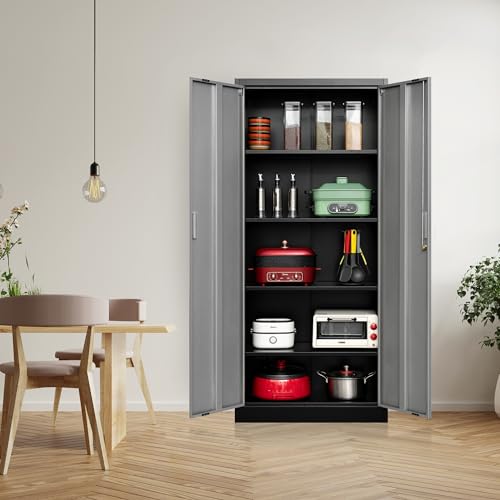 Metal Storage Cabinet, 71" Locking Cabinet with 4 Adjustable Shelves, Large Steel Storage Cabinets for Garage, Home Office, Pantry -Black&Silver Doors