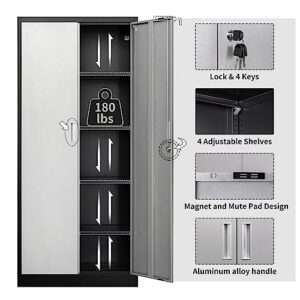 Metal Storage Cabinet, 71" Locking Cabinet with 4 Adjustable Shelves, Large Steel Storage Cabinets for Garage, Home Office, Pantry -Black&Silver Doors