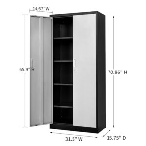 Metal Storage Cabinet, 71" Locking Cabinet with 4 Adjustable Shelves, Large Steel Storage Cabinets for Garage, Home Office, Pantry -Black&Silver Doors