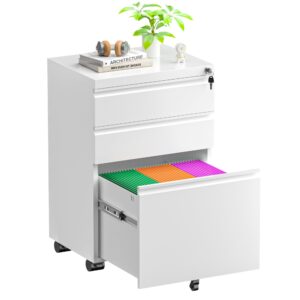 pataku white file cabinet 3 drawer, mobile file cabinet with lock and wheels, under desk metal filing cabinet for office，lockable rolling cabinet with 2 keys for legal/letter/a4 size, easy assemble