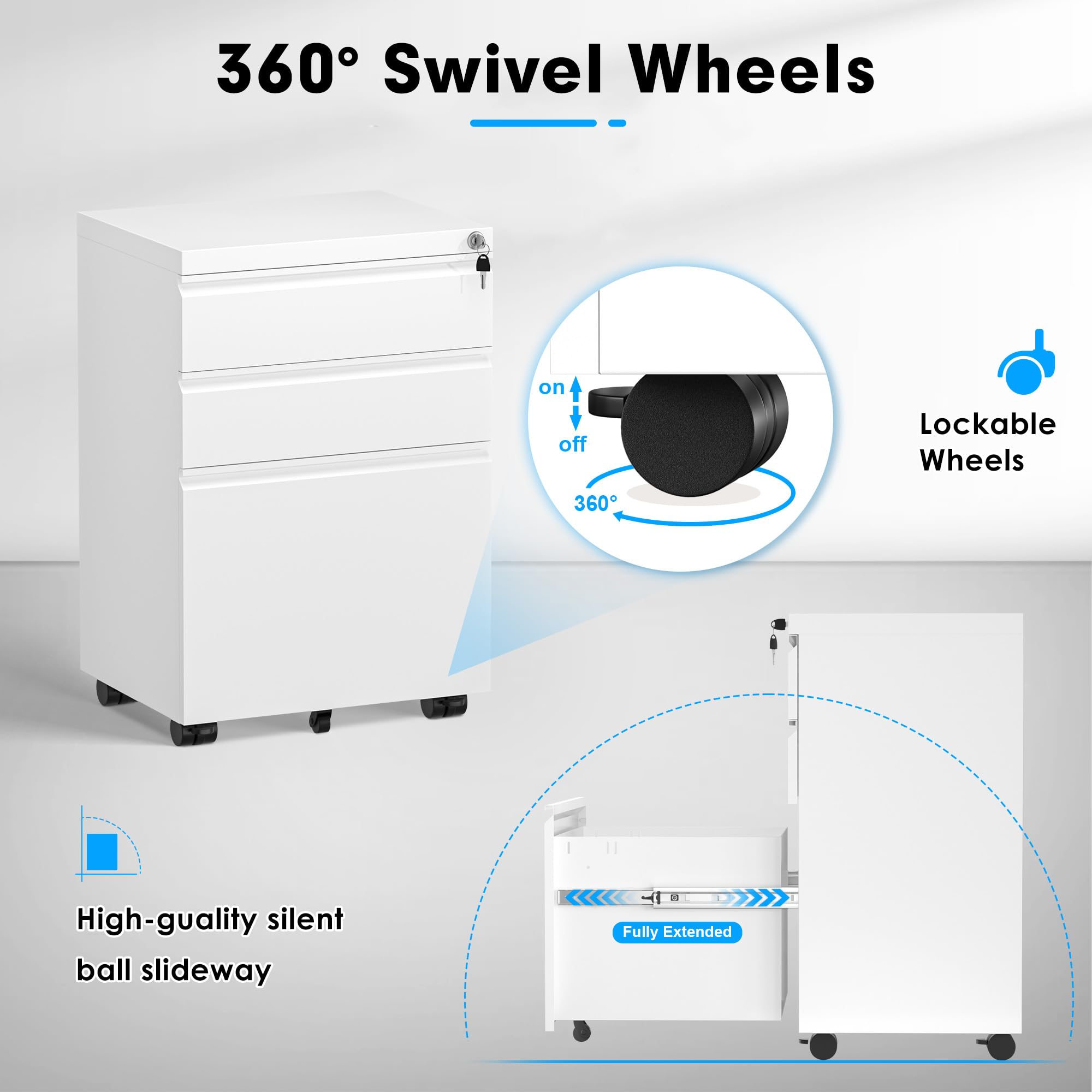 Pataku White File Cabinet 3 Drawer, Mobile File Cabinet with Lock and Wheels, Under Desk Metal Filing Cabinet for Office，Lockable Rolling Cabinet with 2 Keys for Legal/Letter/A4 Size, Easy Assemble