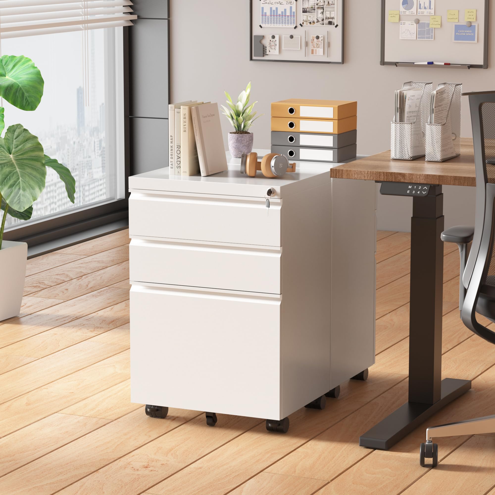 Pataku White File Cabinet 3 Drawer, Mobile File Cabinet with Lock and Wheels, Under Desk Metal Filing Cabinet for Office，Lockable Rolling Cabinet with 2 Keys for Legal/Letter/A4 Size, Easy Assemble