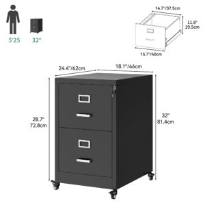 YITAHOME 2-Drawer Vertical File Cabinet, Metal Mobile File Cabinet with Lock, Filing Cabinet Under Desk fits Legal/Letter/A4 Size, Office Storage Cabinet for Office/Home,Black