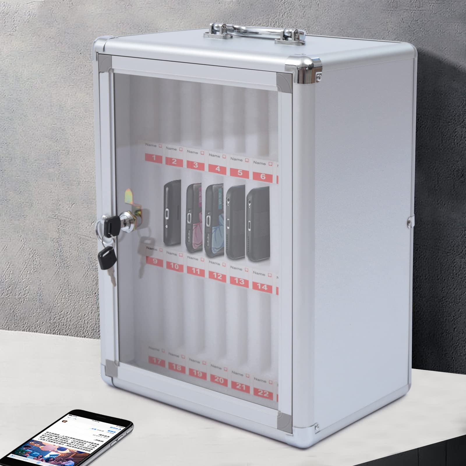 GCIUEMMH Cell Phone Locker Cabinet with Lock - 24 Slots Wall-Mounted Cell Phone Cabinet Aluminum Alloy Storage Locker Box Cabinet Desktop Cell Phone Organizer with Handle for Classroom Office Gym