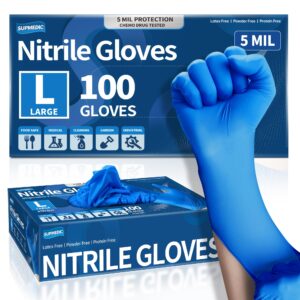 supmedic blue nitrile exam gloves, 5 mil powder-free chemo-rated food safe disposable medical glove, 100 pcs (large)