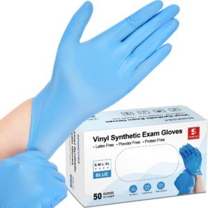 schneider blue vinyl synthetic exam gloves, large, box of 50, 4-mil, powder-free, latex-free, non-sterile, disposable gloves