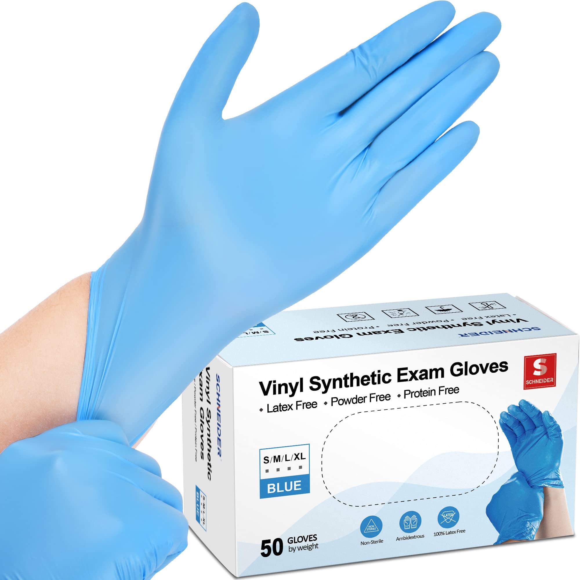 Schneider Blue Vinyl Synthetic Exam Gloves, Large, Box of 50, 4-mil, Powder-Free, Latex-Free, Non-Sterile, Disposable Gloves