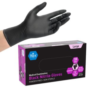 med pride black nitrile medical examination gloves (large, 100-count) ultra-strong 6 mil thick, latex & rubber free, disposable powder-free gloves for healthcare & food handling use