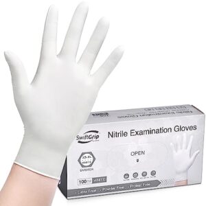 swiftgrip disposable nitrile exam gloves, 3-mil, medium, box of 100, white nitrile gloves disposable latex free for medical, cleaning, cooking & esthetician, food-safe, powder-free, non-sterile