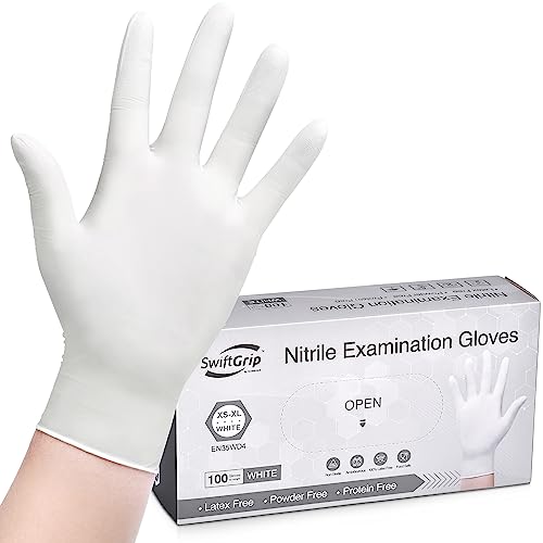 SwiftGrip Disposable Nitrile Exam Gloves, 3-mil, Medium, Box of 100, White Nitrile Gloves Disposable Latex Free for Medical, Cleaning, Cooking & Esthetician, Food-Safe, Powder-Free, Non-Sterile