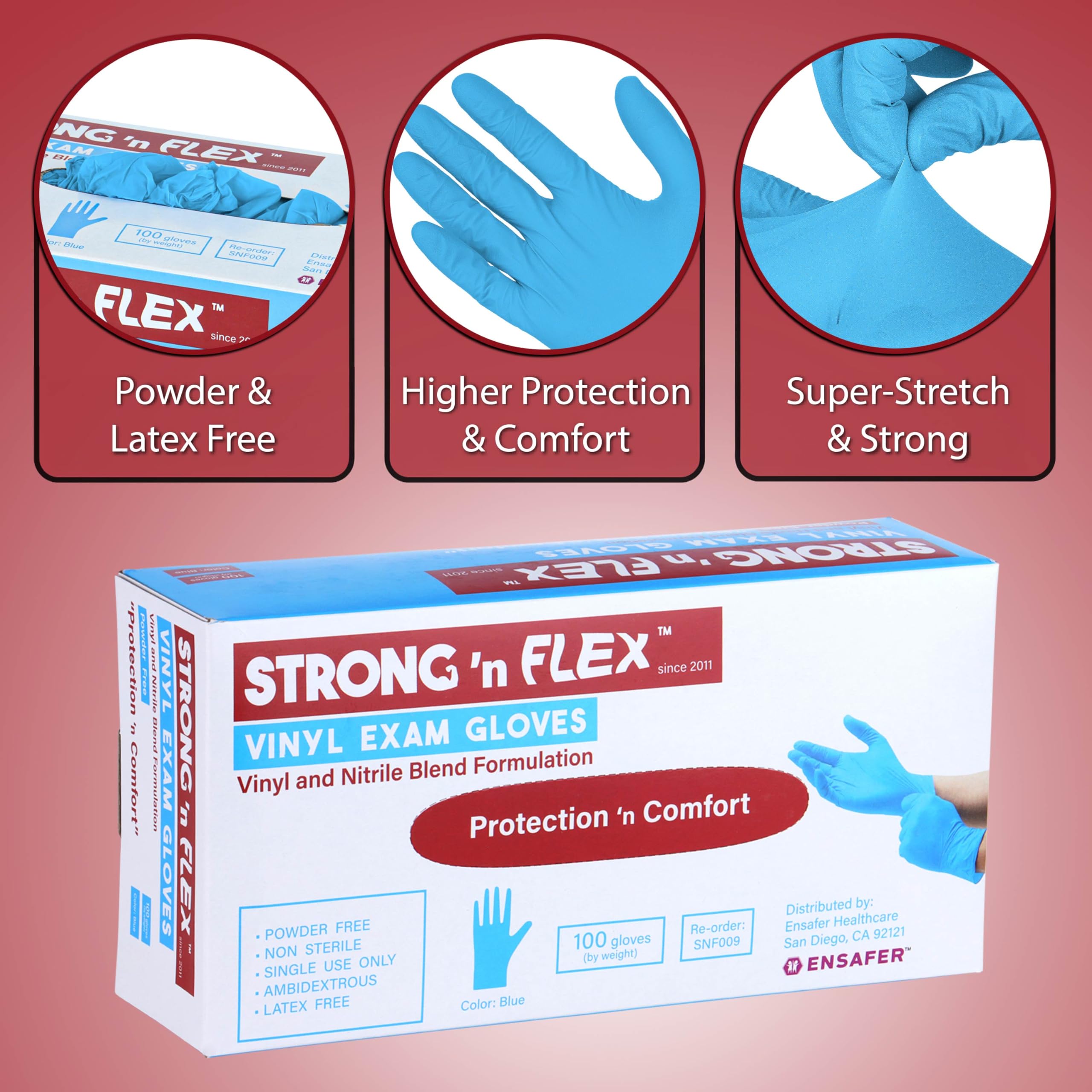 STRONG 'n FLEX Box of Medium Vinyl-Nitrile Exam Gloves, 100 ambidextrous gloves