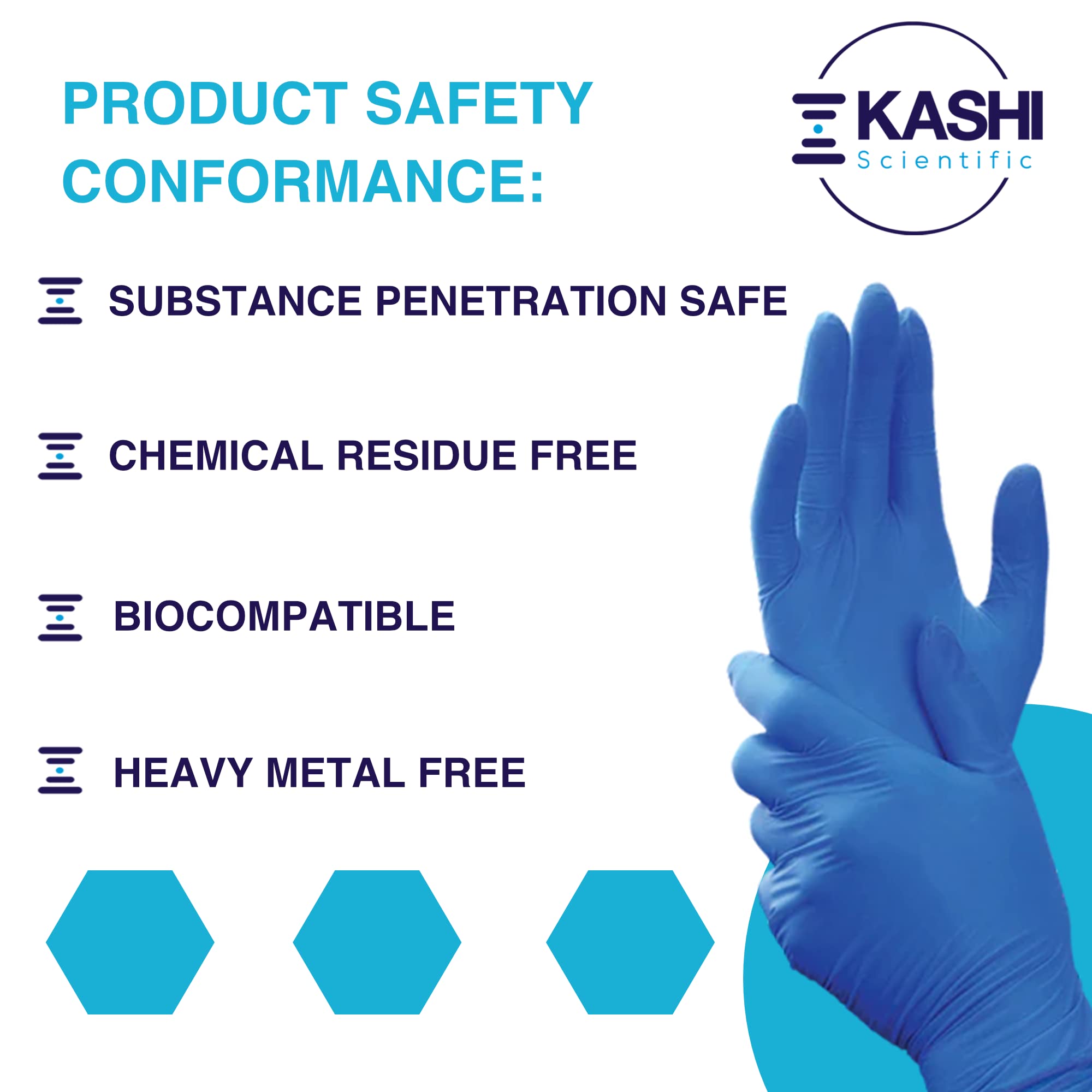 Kashi Scientific Medical Examination Nitrile Gloves - Large - Powder-Free, Latex-Free, Finger Tip Textured Gloves, 4 mil Thick Blue Glove, Patient Safe, Food Safe - Box of 100 Nitrile Exam Gloves