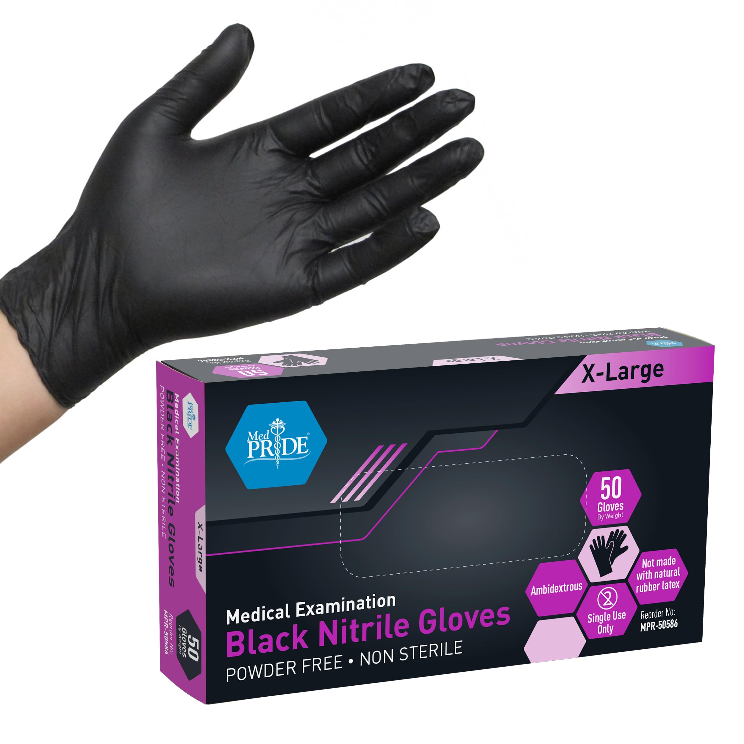 MED PRIDE Black Nitrile Examination Gloves Large [Box of 50]- 4 Mil Thick Disposable Latex/Powder-Free Surgical Gloves For Doctors Hospital & Home Use