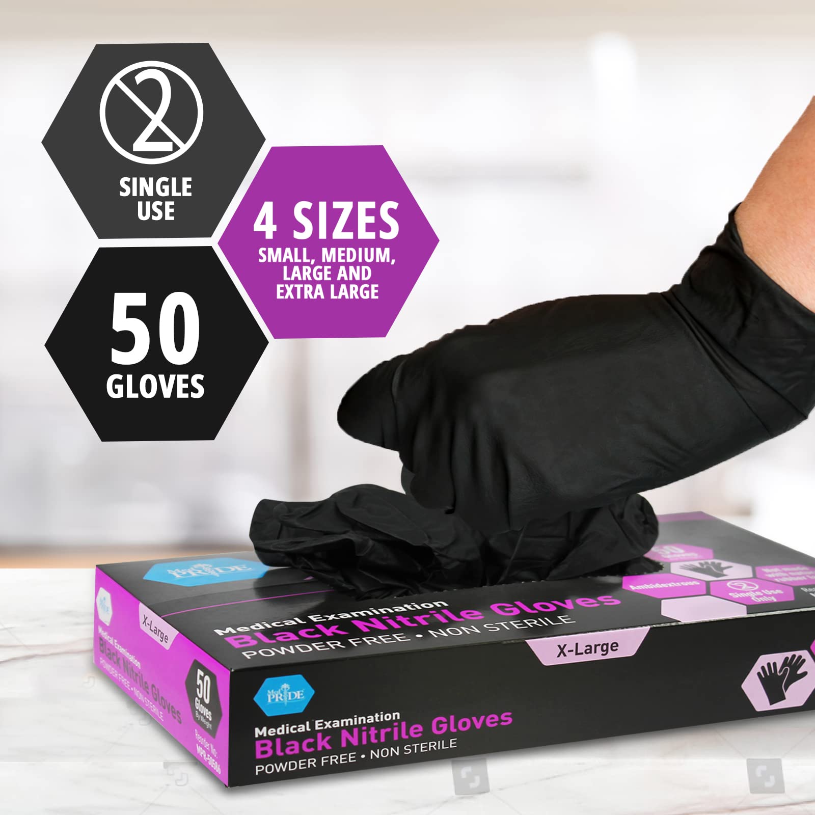 MED PRIDE Black Nitrile Examination Gloves Large [Box of 50]- 4 Mil Thick Disposable Latex/Powder-Free Surgical Gloves For Doctors Hospital & Home Use