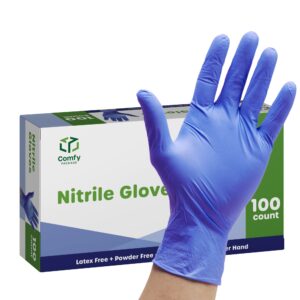 comfy package [100 count blue nitrile gloves, disposable gloves - 4 mil, latex & rubber free, non-sterile powder free gloves - large