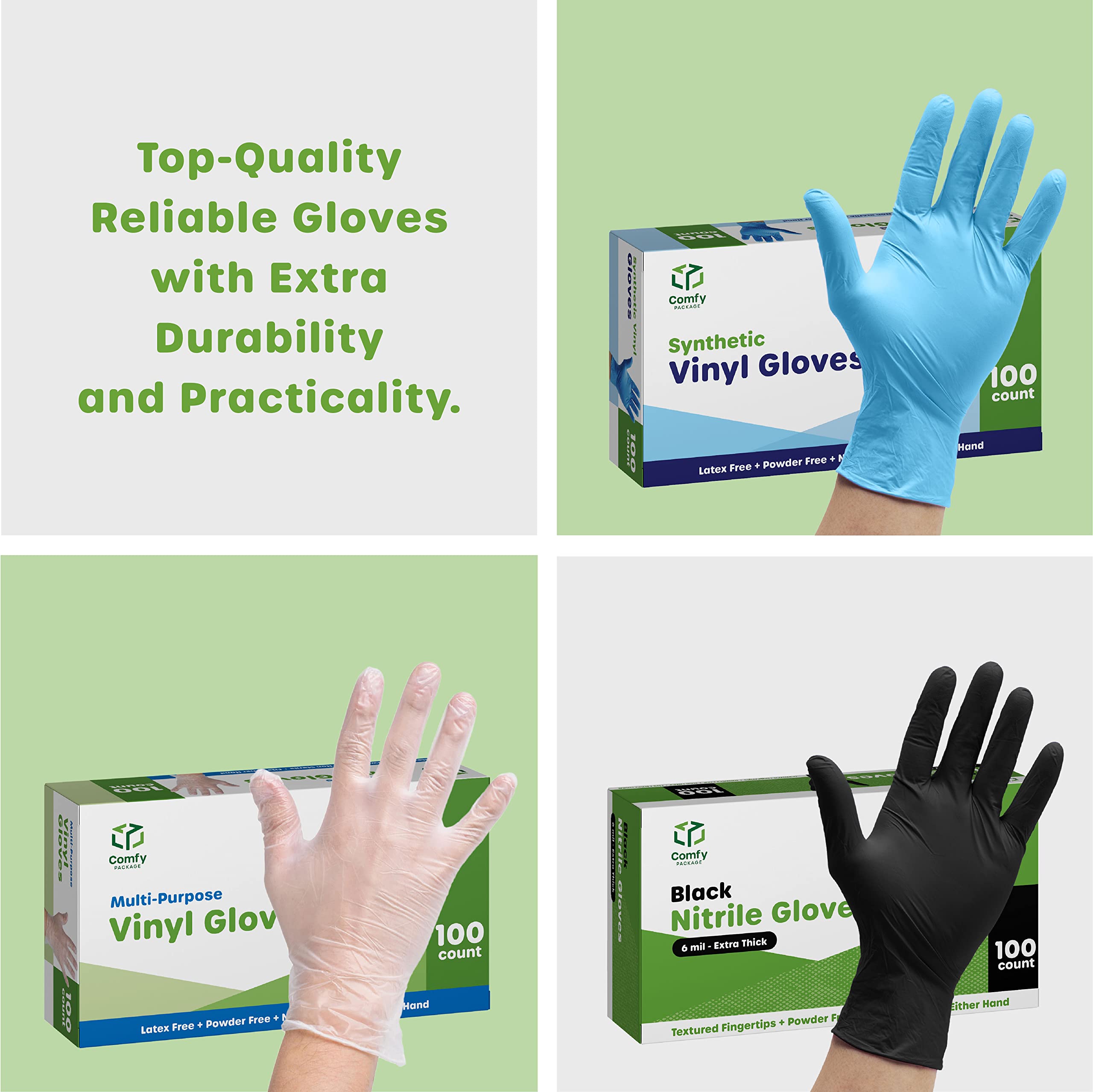 Comfy Package [100 Count Blue Nitrile Gloves, Disposable Gloves - 4 Mil, Latex & Rubber Free, Non-Sterile Powder Free Gloves - Large